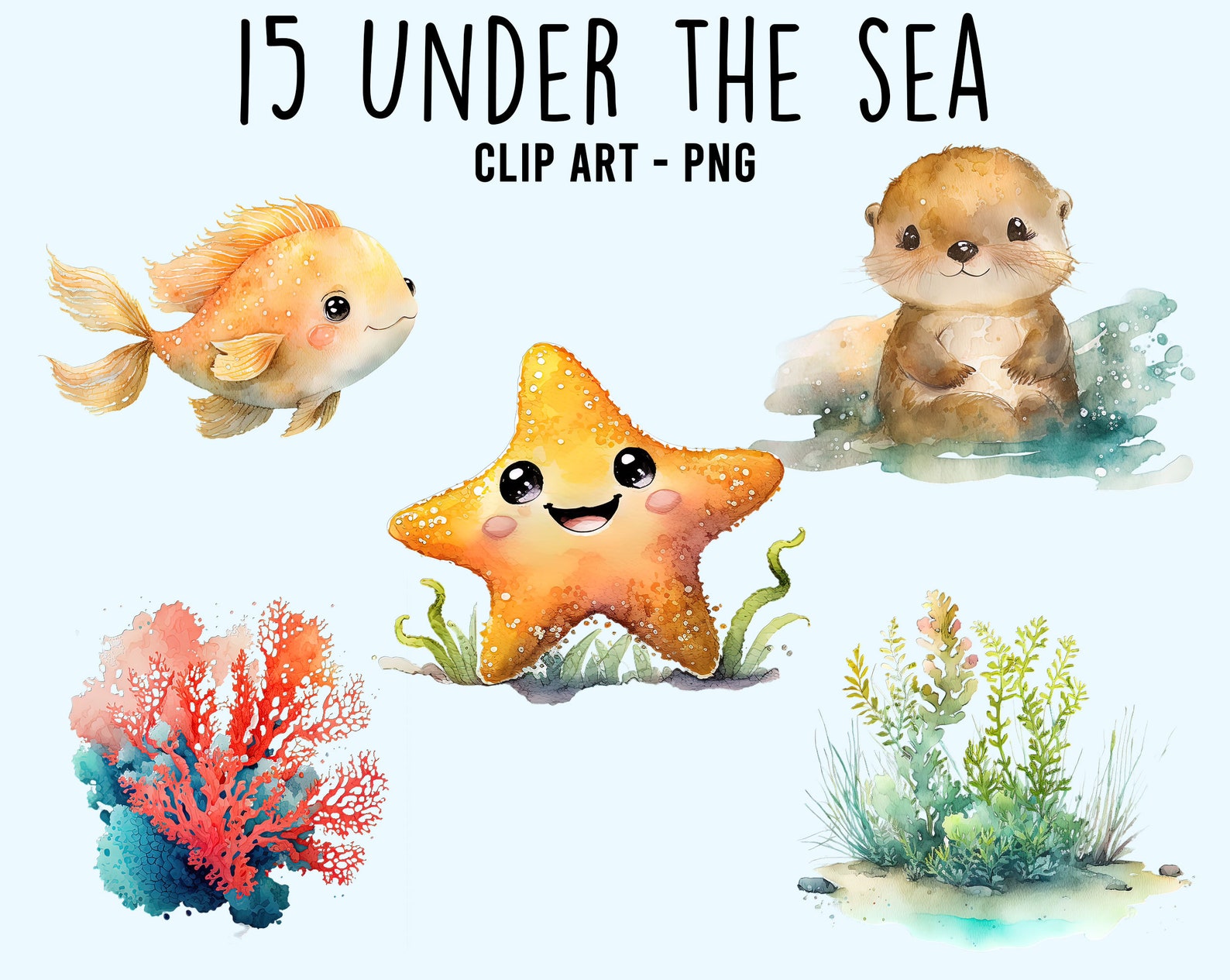 Watercolor Under the Sea Clipart Fish, Sea Animal, Dolphin Cute ...