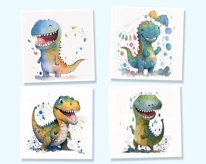 Cute T-rex Dinosaur Watercolor - 18 High Quality Jpgs - Digital ...