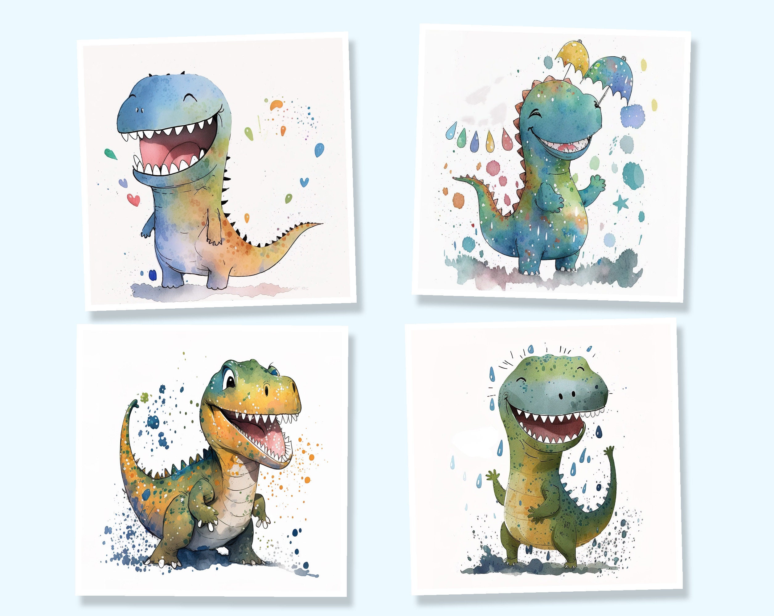 Cute T-rex Dinosaur Watercolor 18 High Quality Jpgs Digital Download ...