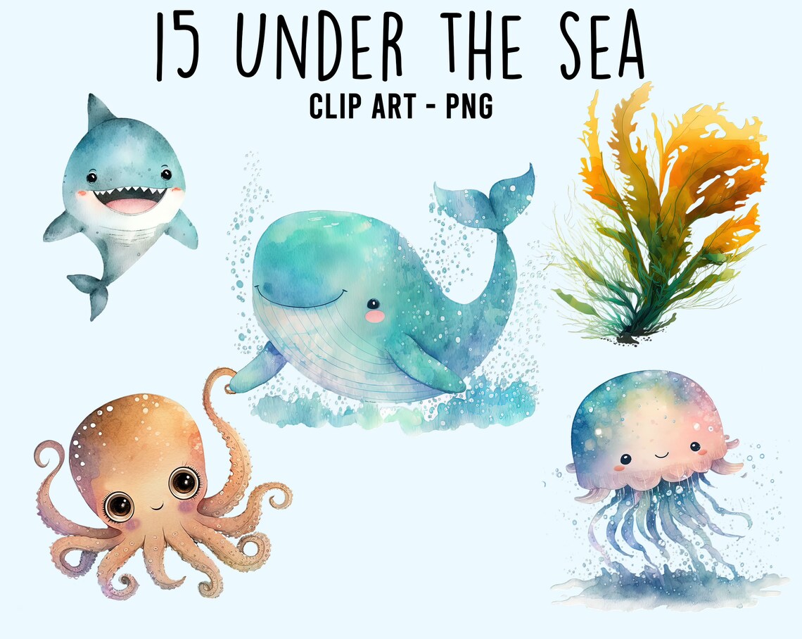 Watercolor Under the Sea Clipart Fish, Sea Animal, Dolphin Cute ...