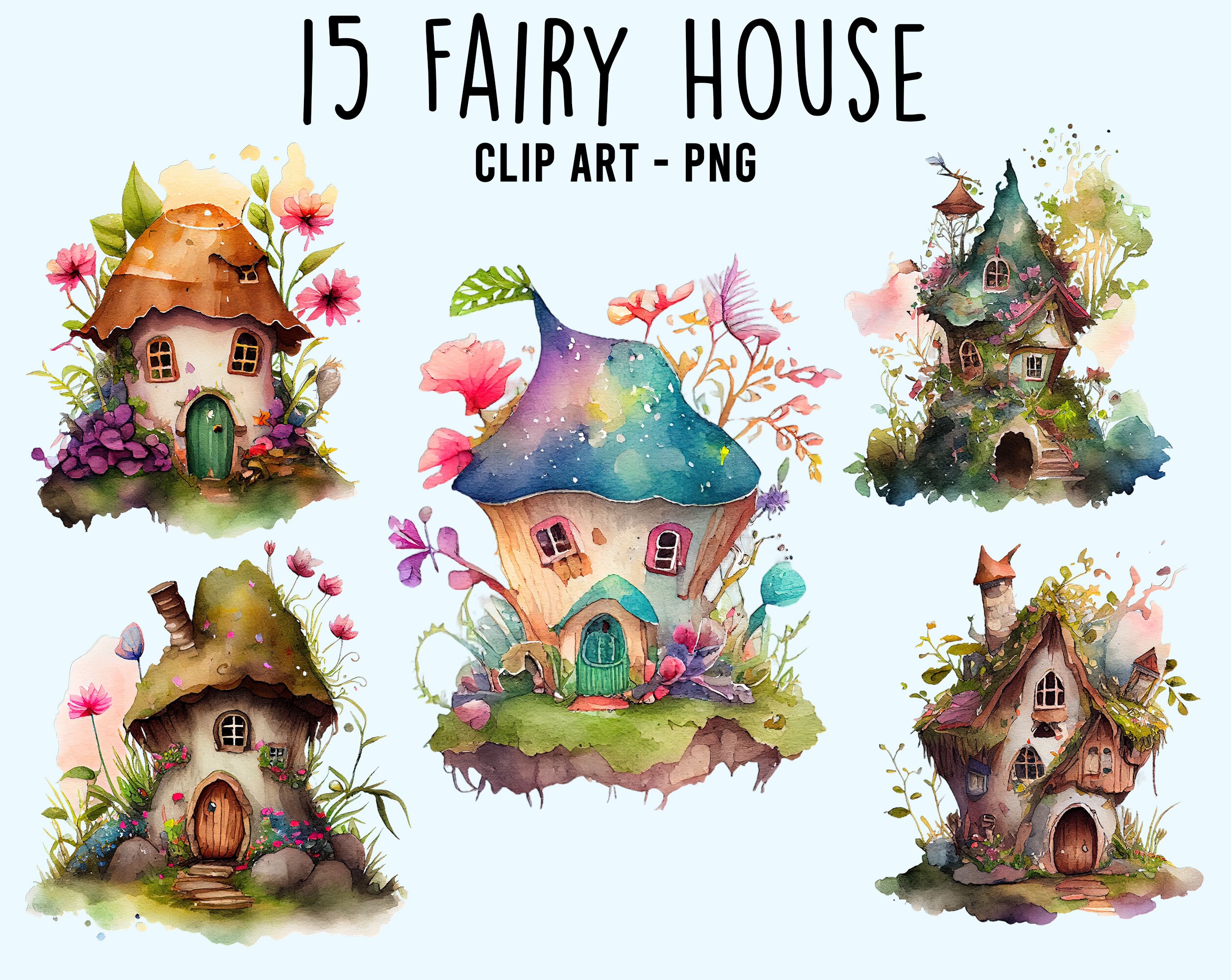 Watercolor Fairy House Clipart Magical Fantasy Dreamy Cute Adorable ...