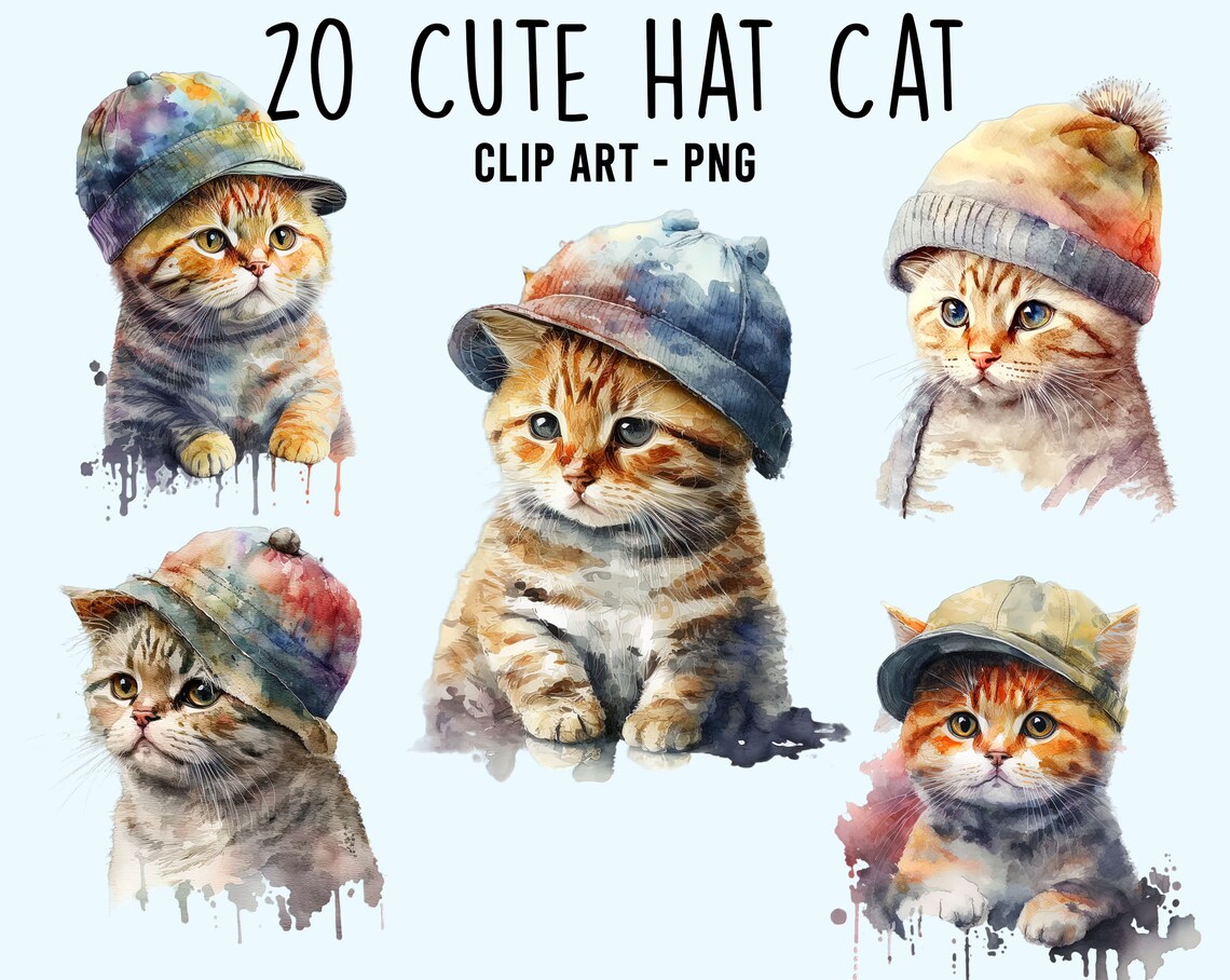 Watercolor Cute Cat Hat Clipart Kawaii Kitten Funny Grumpy Cat Digital ...