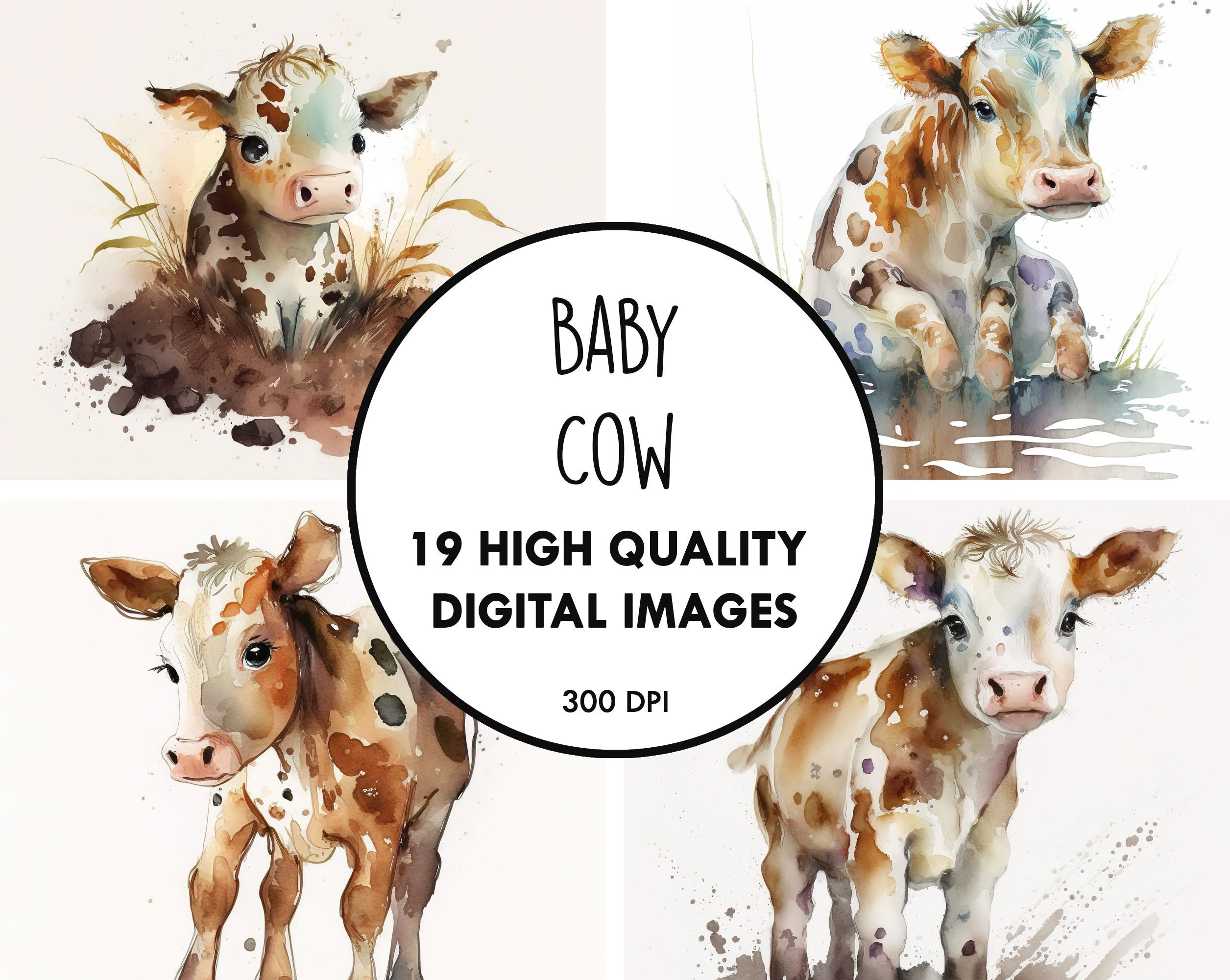Cute Baby Cow Watercolor 19 High Quality Jpgs Digital Download Farm ...