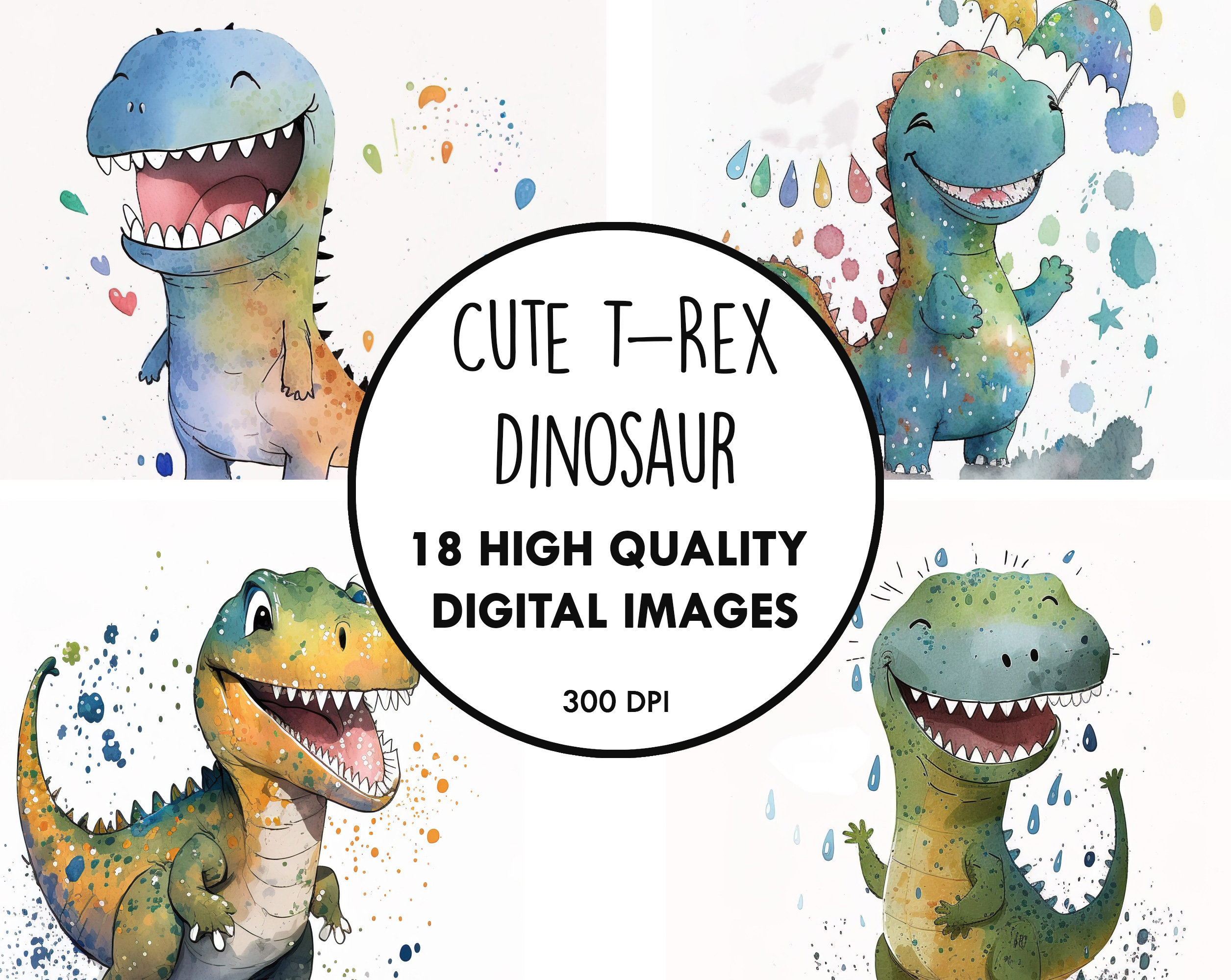 Cute T-rex Dinosaur Watercolor - 18 High Quality Jpgs - Digital ...