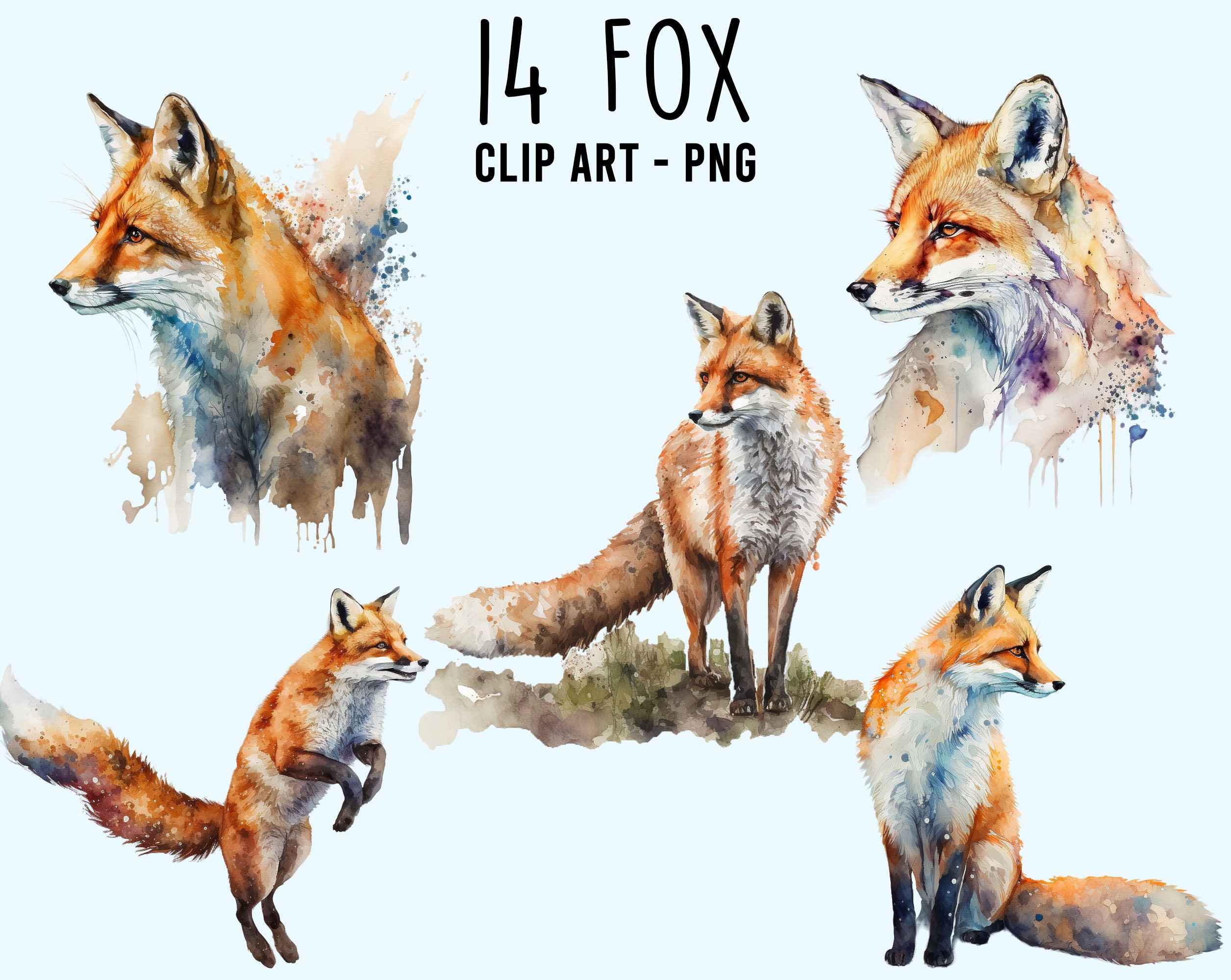Watercolor Fox Clipart Foxes Cute Adorable Digital Art Card Making ...