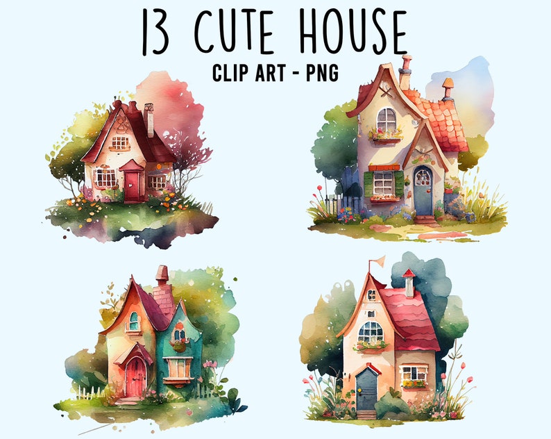 Watercolor Cute House Clipart - Beautiful Homes Winter Summer Spring ...