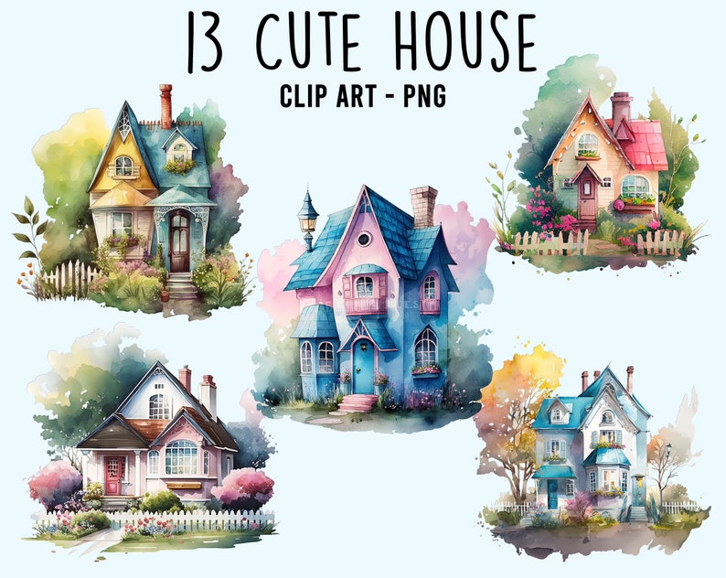 Watercolor Cute House Clipart - Beautiful Homes Winter Summer Spring ...