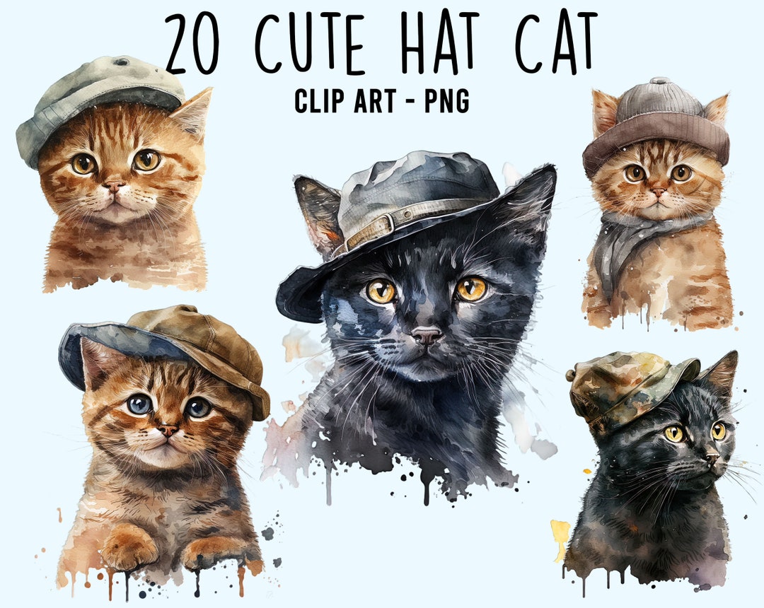 Watercolor Cute Cat Hat Clipart Kawaii Kitten Funny Grumpy Cat Digital ...