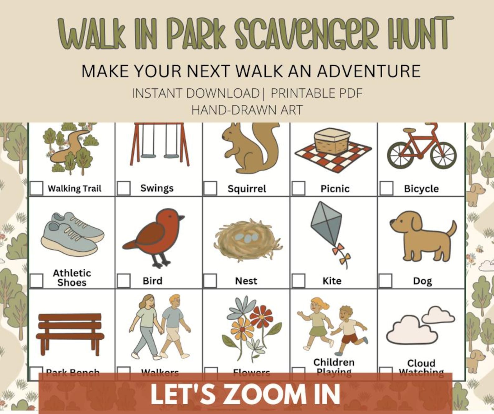 Park Scavenger Hunt for Kids: Outdoor Family Game (hand-drawn Printable ...