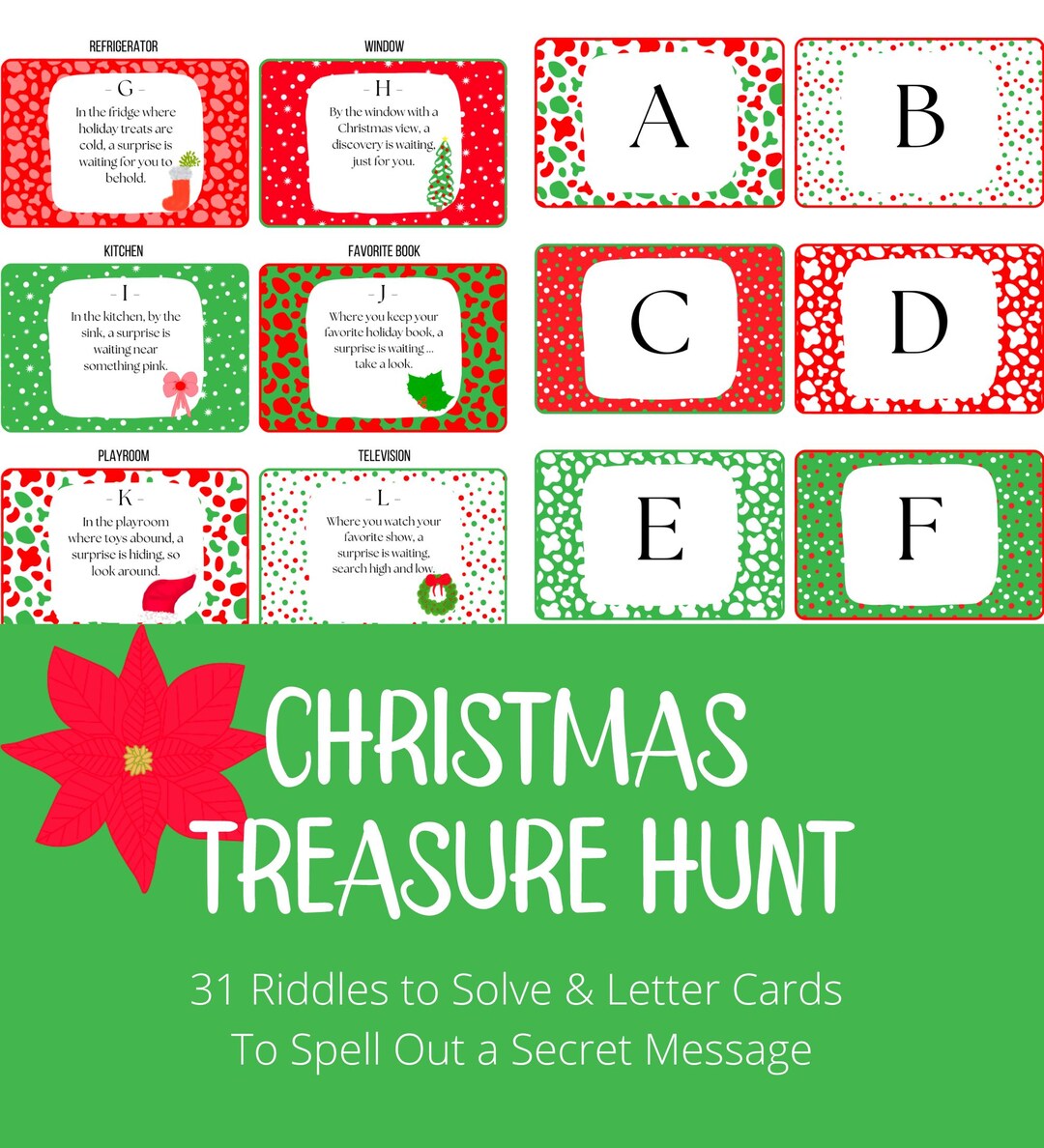 Christmas Treasure Hunt Kit: 31 Rhyming Clues, Secret Message (digital ...