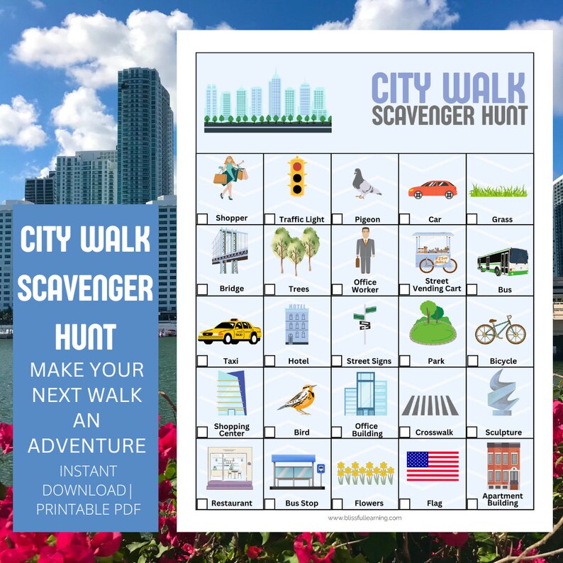 City Walk Scavenger Hunt for Kids Printable, Outdoor Family Walking ...