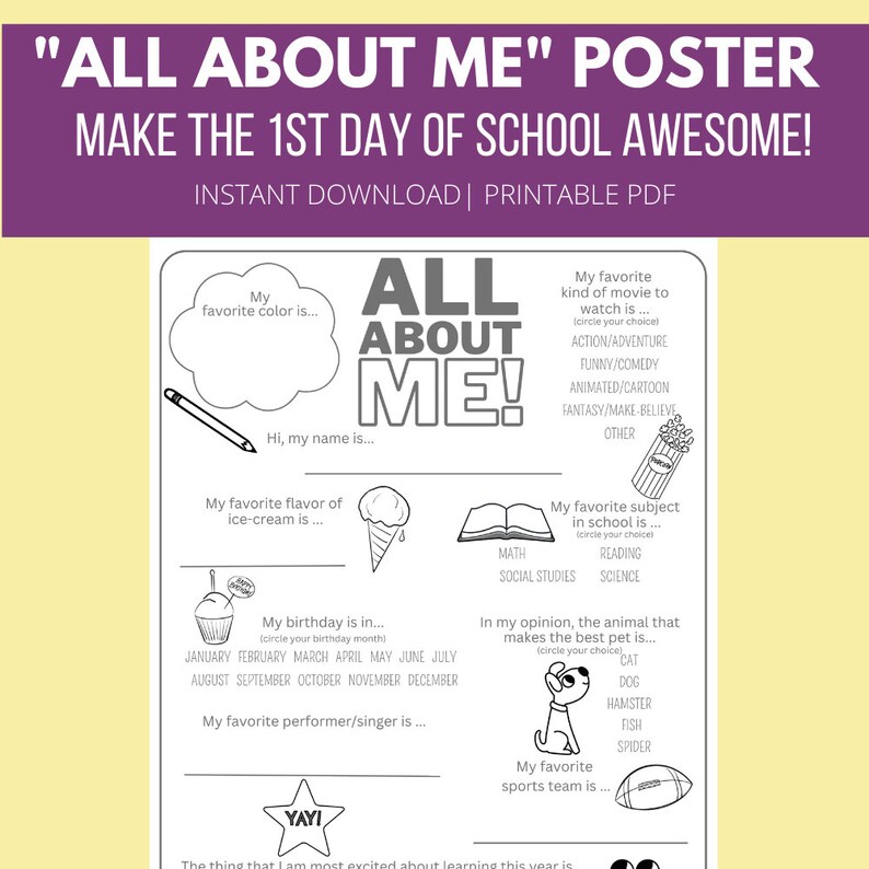 All About Me Poster and Coloring Page for Students, Ice Breaker for ...