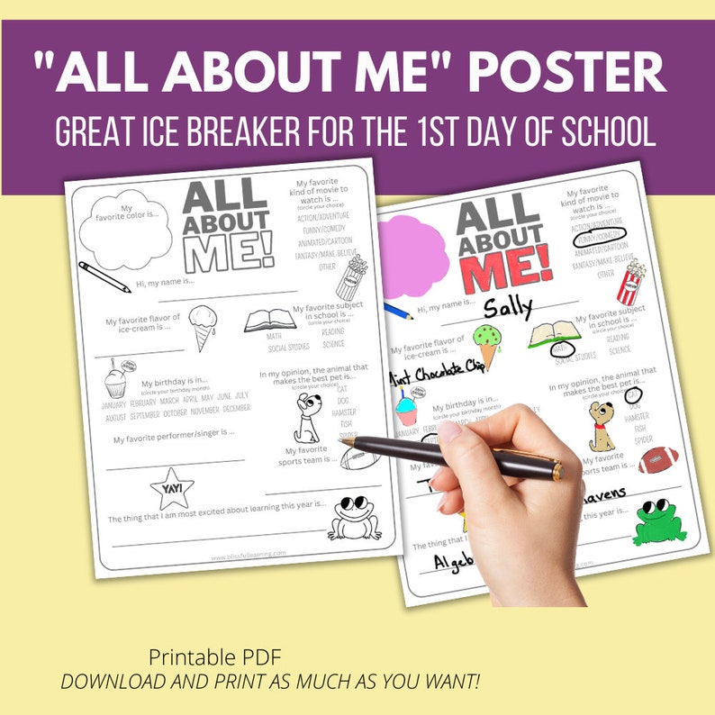 All About Me Poster and Coloring Page for Students, Ice Breaker for ...