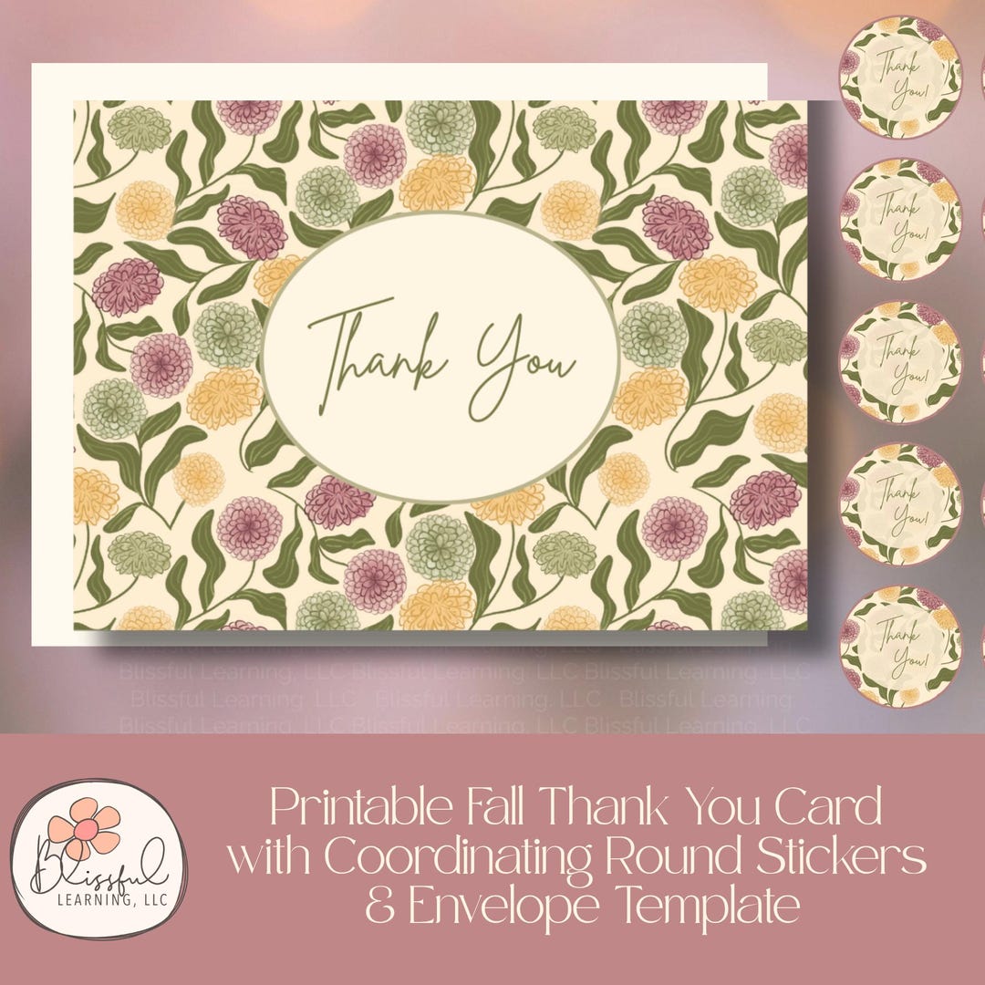 Fall Floral Thank You Card Kit: Printable Card, Envelope & Stickers ...