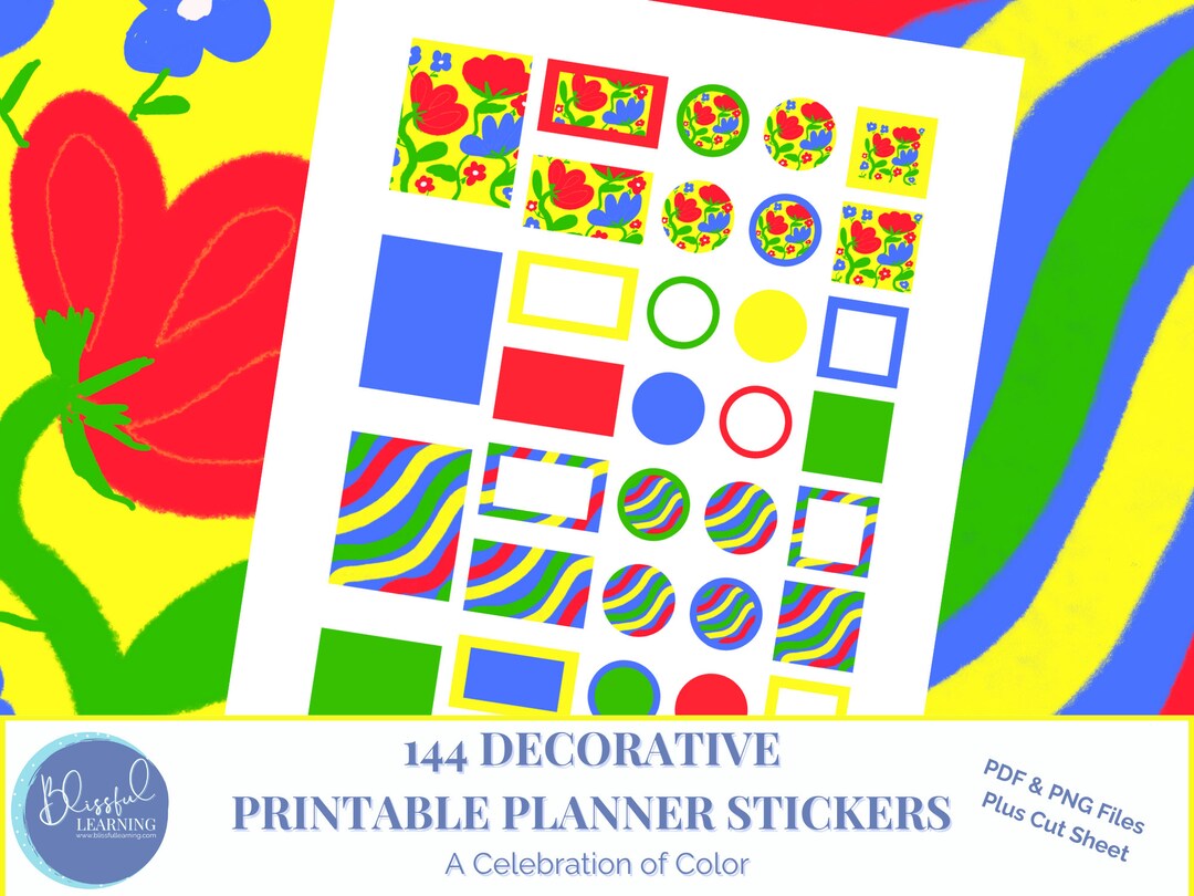 Colorful Decorative Planner Stickers, Blue, Yellow, Red, and Green ...