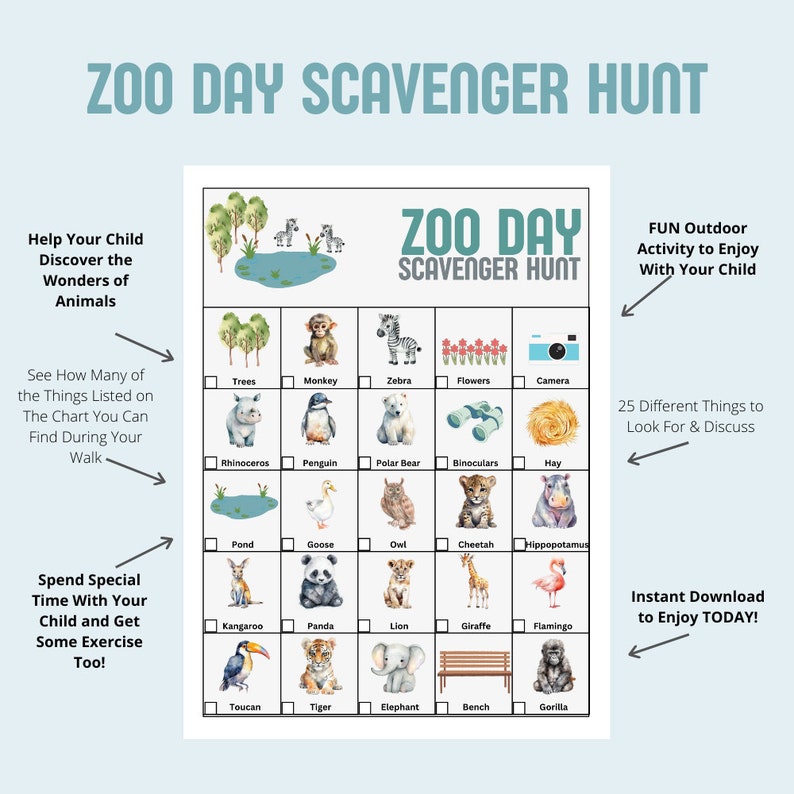 Zoo Day Scavenger Hunt for Kids Printable Family Fun Game for - Etsy