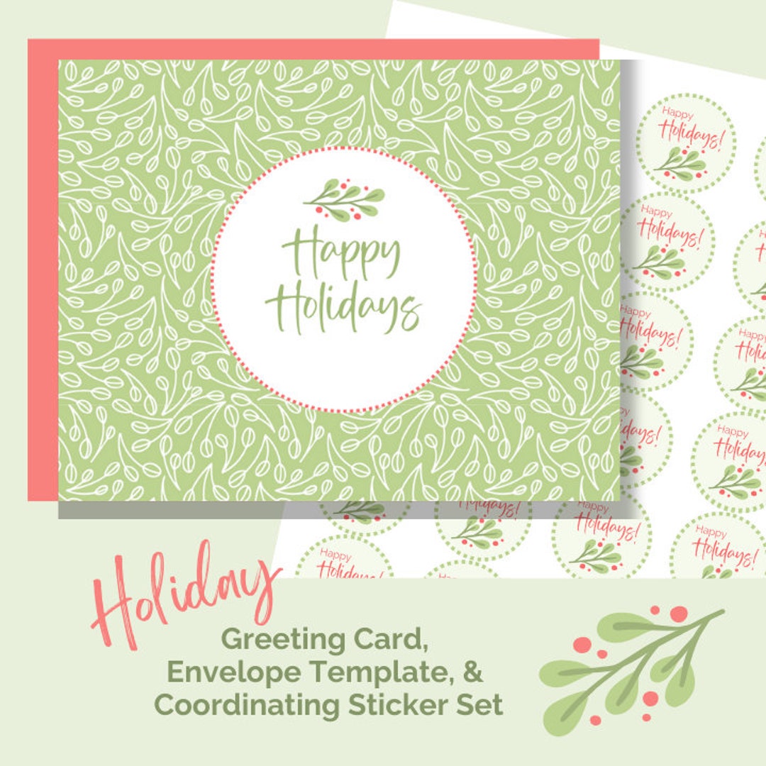Happy Holiday Printable Card With Round Stickers and Envelope Template ...