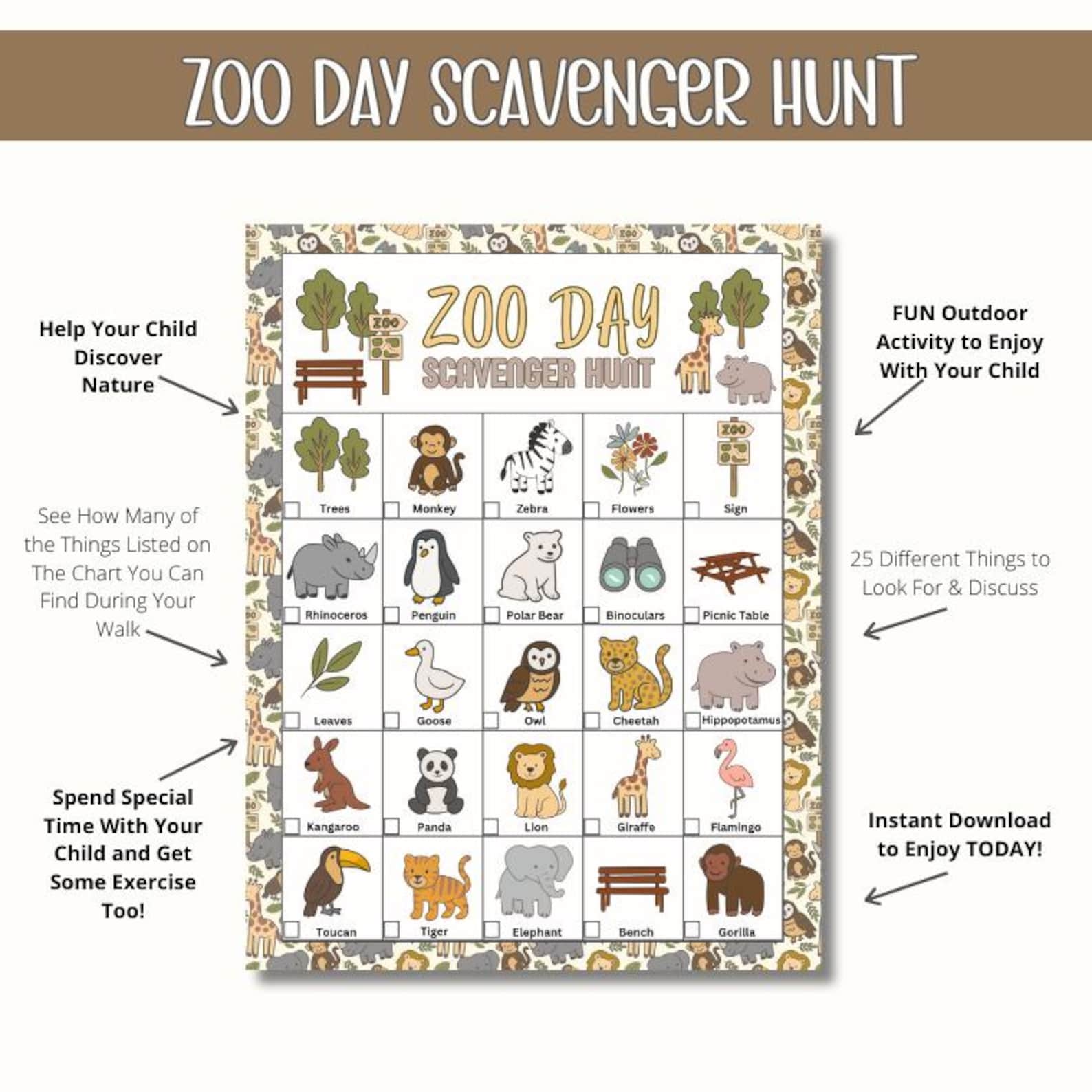 Zoo Day Scavenger Hunt for Kids Printable, Family Fun Game for a Day at ...