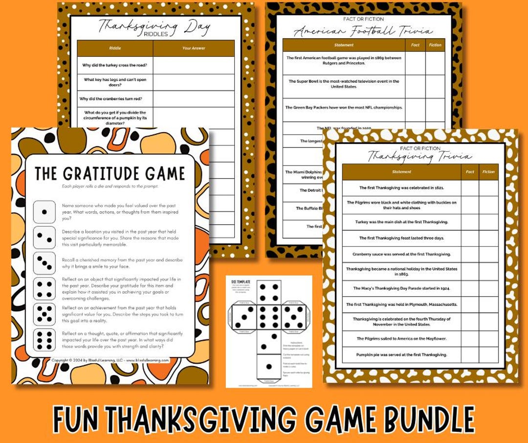 Thanksgiving Game Bundle: Trivia, Riddles, Gratitude Dice (printable ...