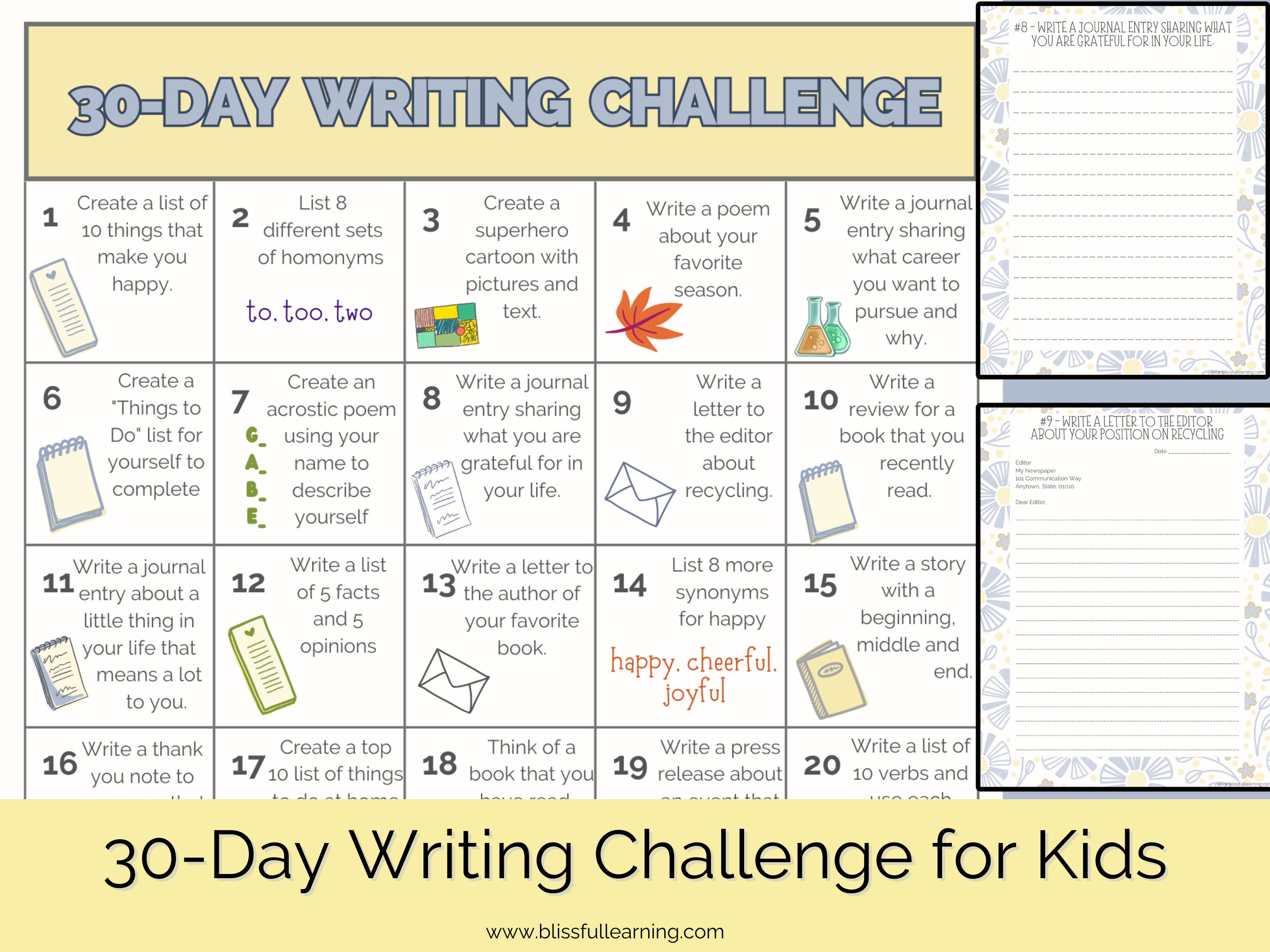 30-day Writing Challenge for Kids: Grades 3-8 (printable) - Etsy
