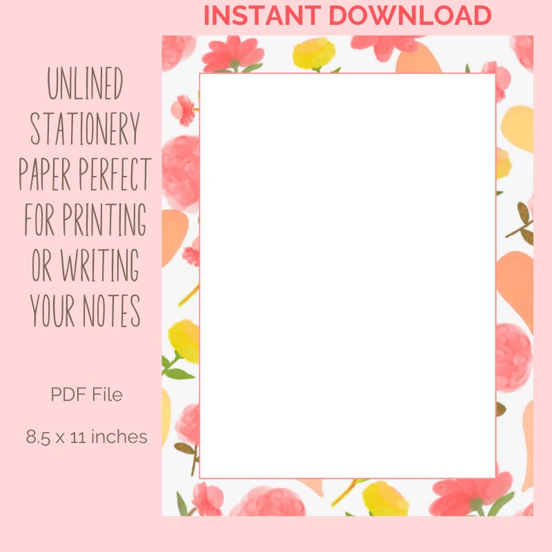 Floral Writing Paper: Pink, White, and Gold (PDF Download) - Etsy