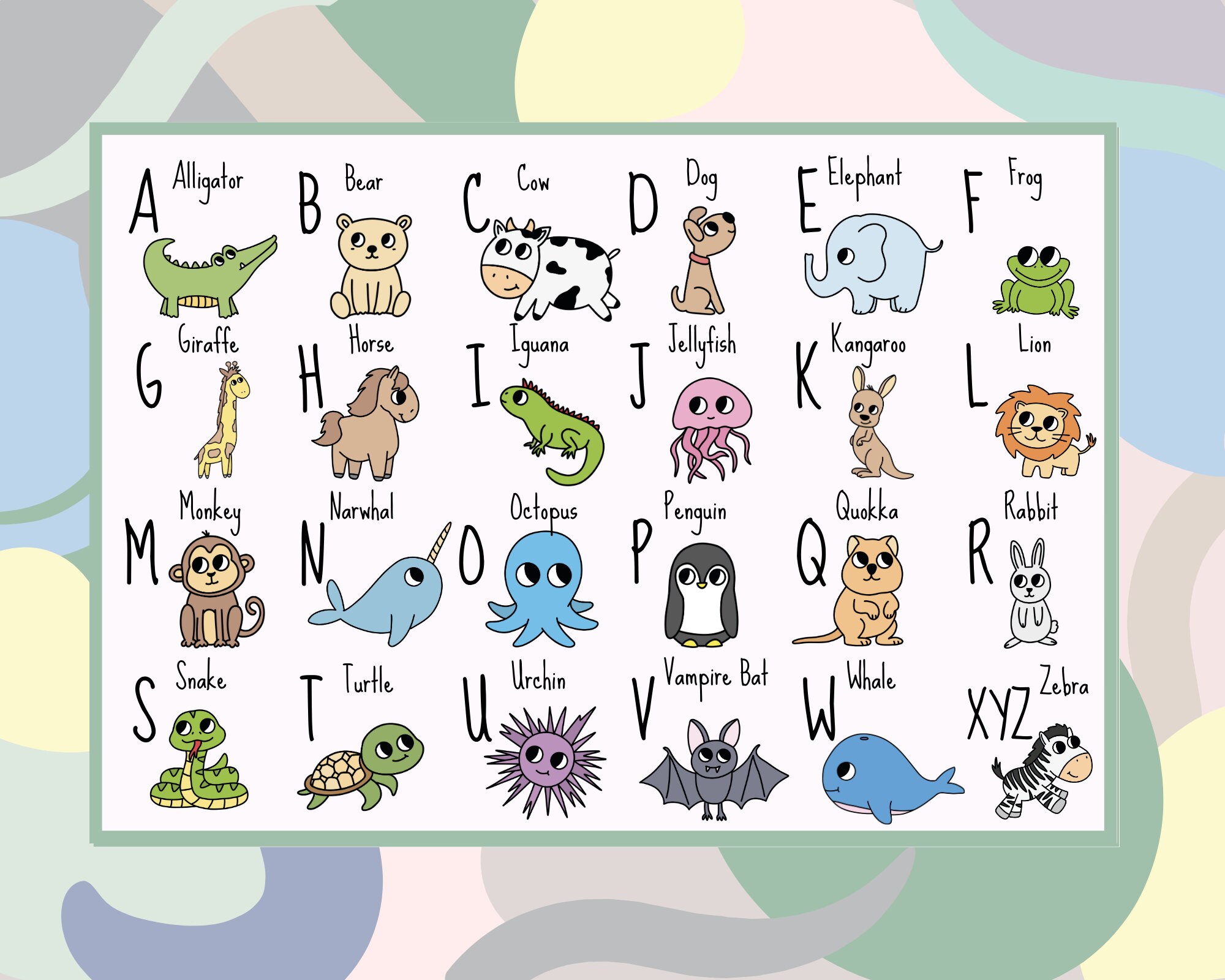 Pastel Animal Alphabet Print With Abstract Border, Animal ABC Poster ...