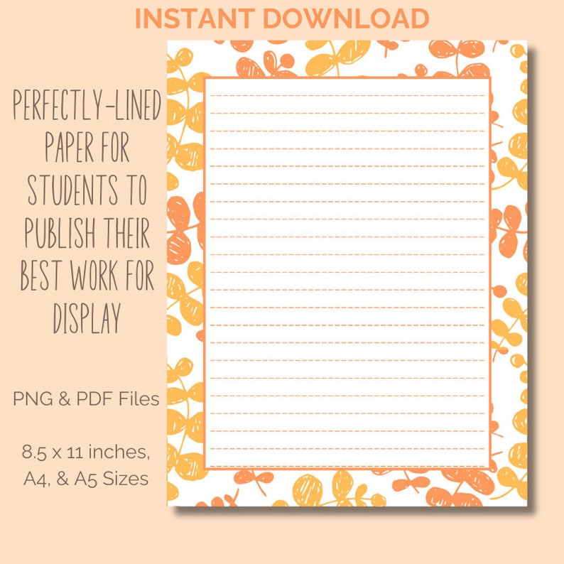 Fall Foliage Lined and Unlined Printable Writing Paper, Autumn Orange ...