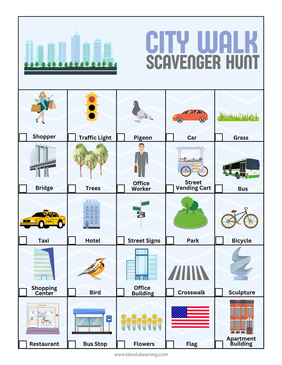 City Walk Scavenger Hunt for Kids Printable, Outdoor Family Walking ...