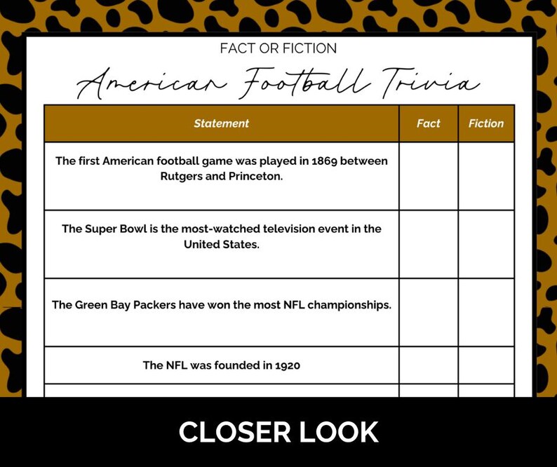 American Football Trivia Game: Fact or Fiction (PDF) - Etsy