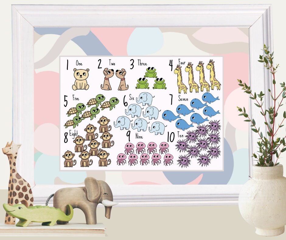 Pink Animal Number Poster With Abstract Border, Animal 123 Art, Animal ...