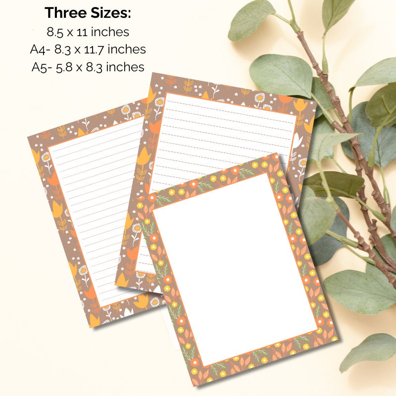 Fall Whimsical Floral Printable Writing Paper, Autumn Lined and Unlined ...