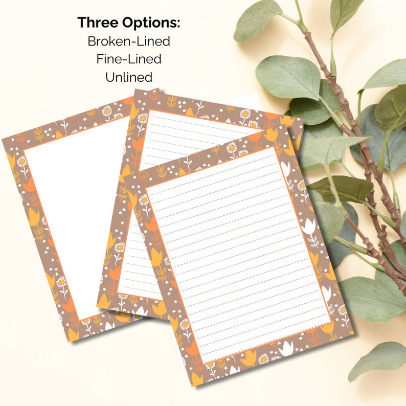 Fall Whimsical Floral Printable Writing Paper, Autumn Lined and Unlined ...
