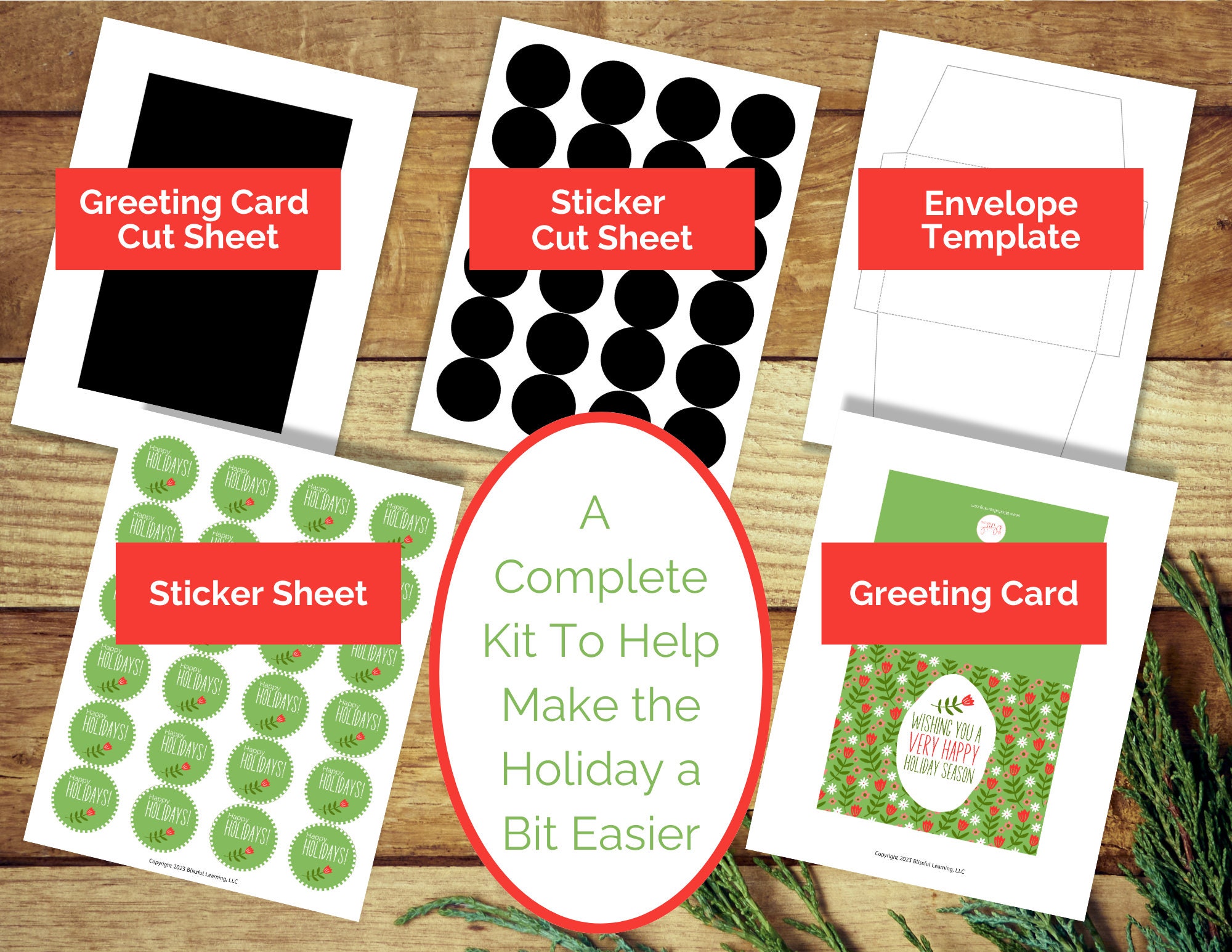 Happy Holiday Printable Card With Round Stickers and Envelope Template ...