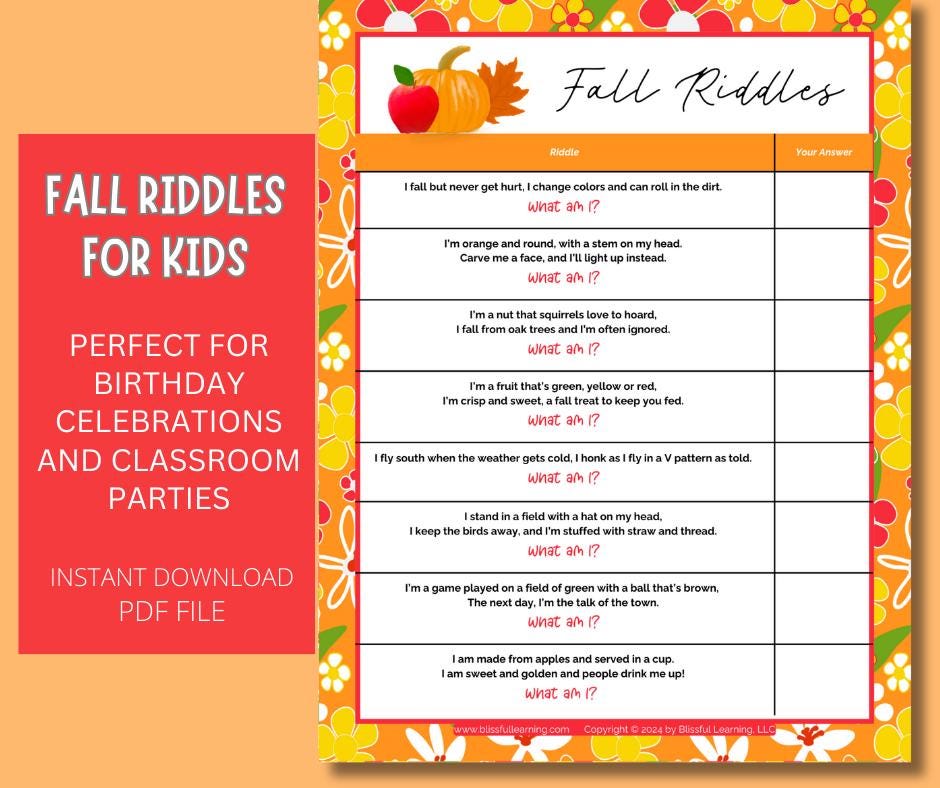Fall Riddles Game for Kids: Family Activity (PDF Digital Download) - Etsy