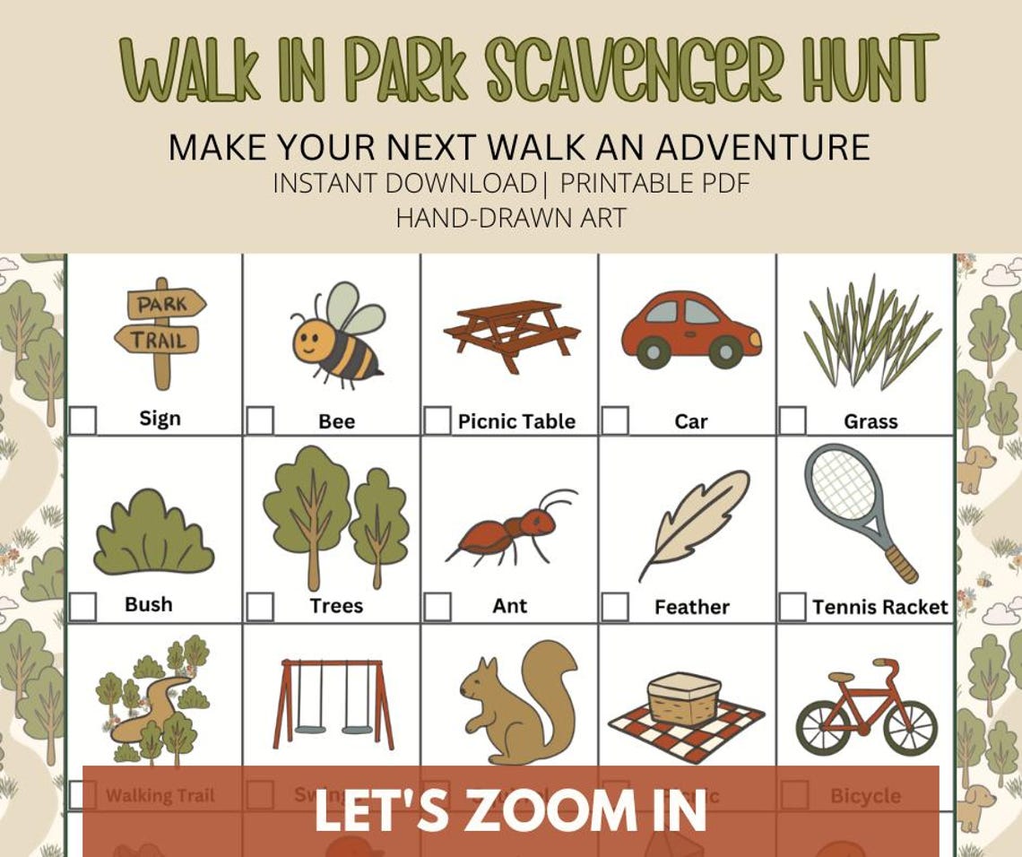 Park Scavenger Hunt for Kids: Outdoor Family Game (hand-drawn Printable ...