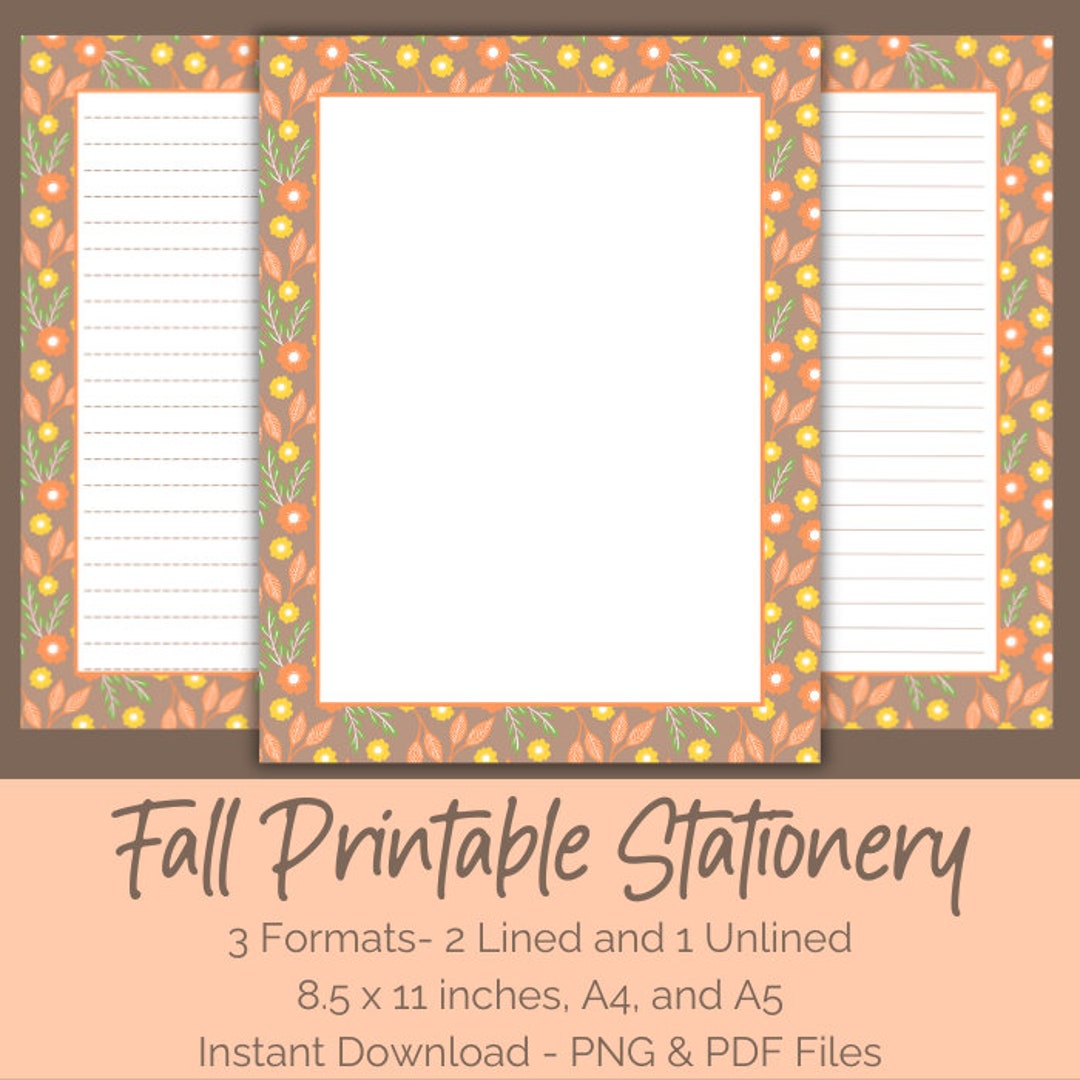 Fall Floral Printable Lined and Unlined Writing Paper, Autumn Floral ...