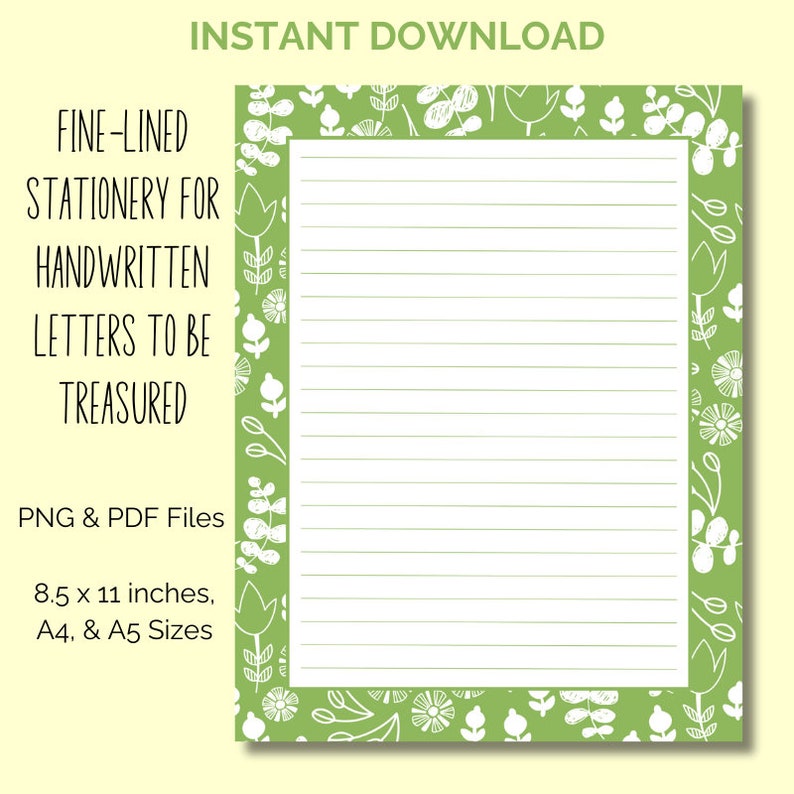 Green and White Printable Writing Paper, Lined and Unlined Stationery Set for Letter Writers and ...