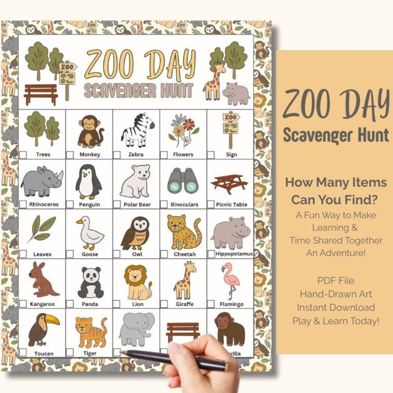 Zoo Day Scavenger Hunt for Kids Printable, Family Fun Game for a Day at ...