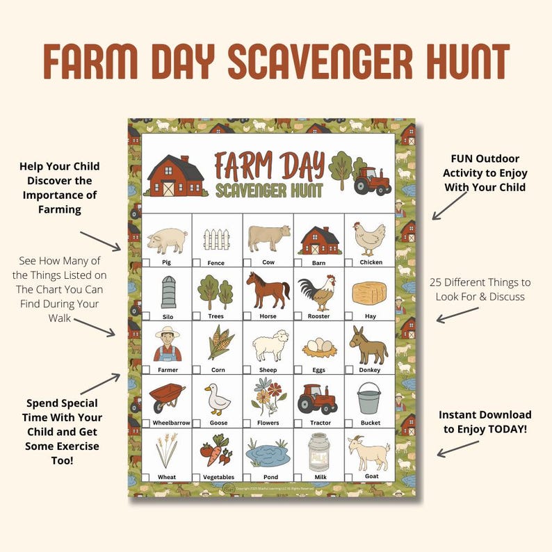Farm Day Scavenger Hunt for Kids Printable, Farm Visit Game for ...