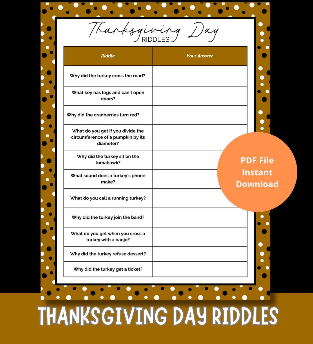 Thanksgiving Riddle Me This Game Printable Party Game Thanksgiving ...