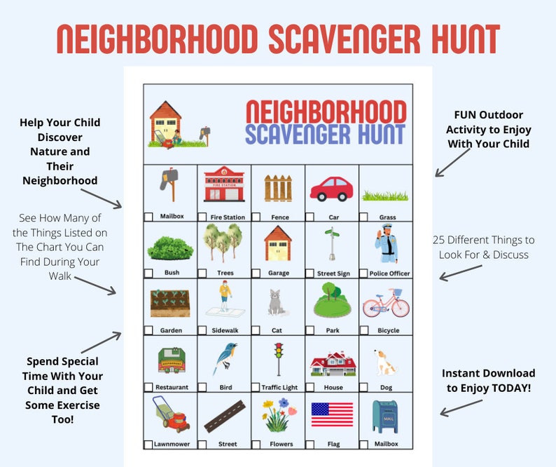 Neighborhood Scavenger Hunt for Kids Family Outdoor Walking - Etsy