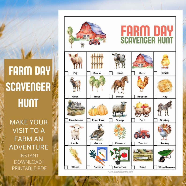 Farm Day Scavenger Hunt for Kids Printable, Farm Visit Game for ...