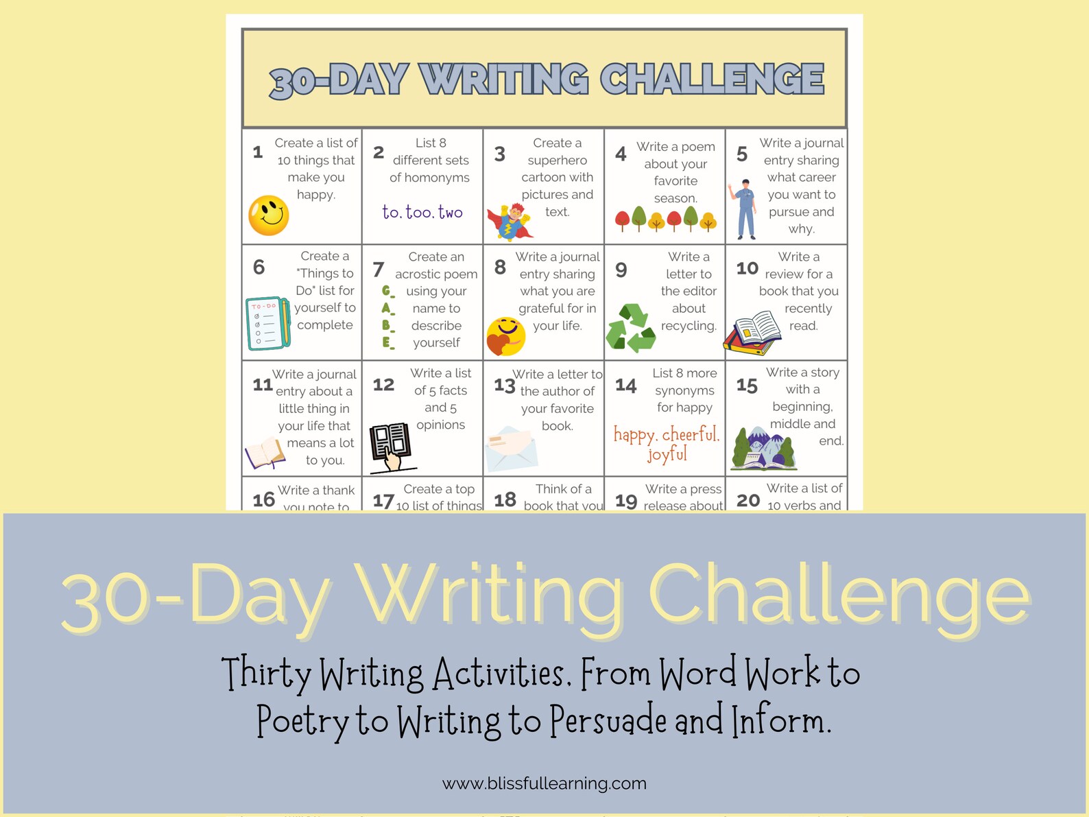 30 Day Writing Challenge for Kids in 3rd 4th 5th 6th 7th 8th - Etsy