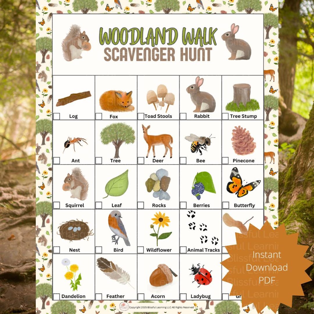 Woodland Scavenger Hunt for Kids: Nature Walk Activity (PDF Download ...