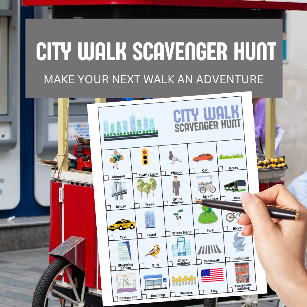 City Walk Scavenger Hunt for Kids Printable, Outdoor Family Walking ...