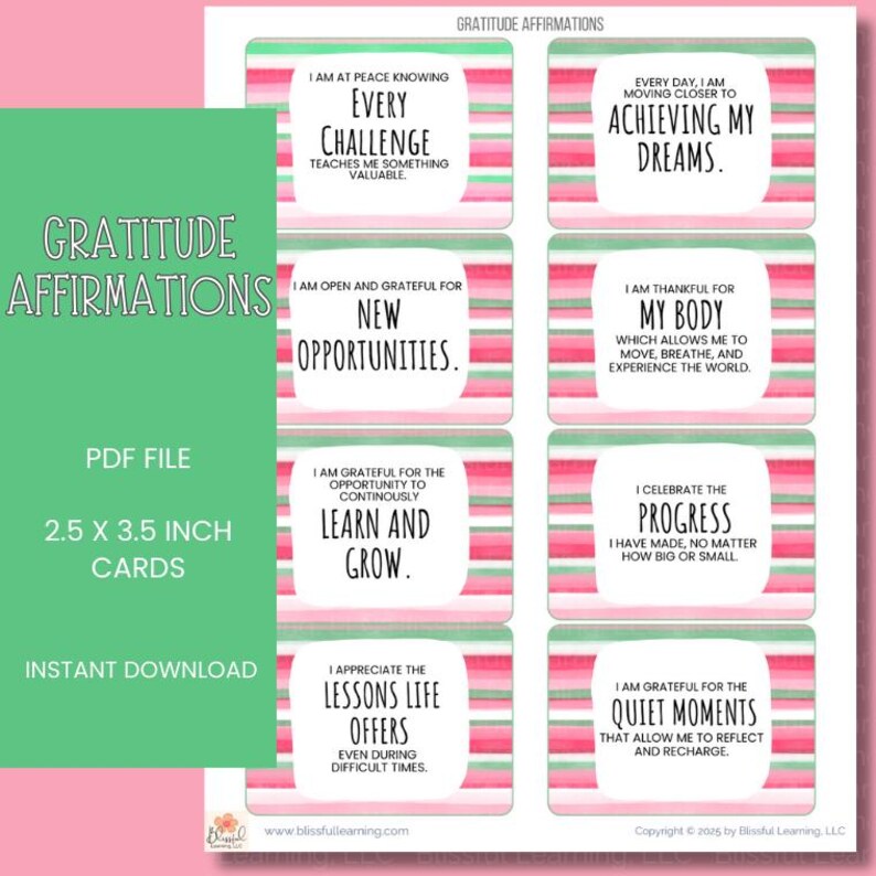 Gratitude Affirmation Cards: Daily Mindfulness Gift Set Printable (PDF ...