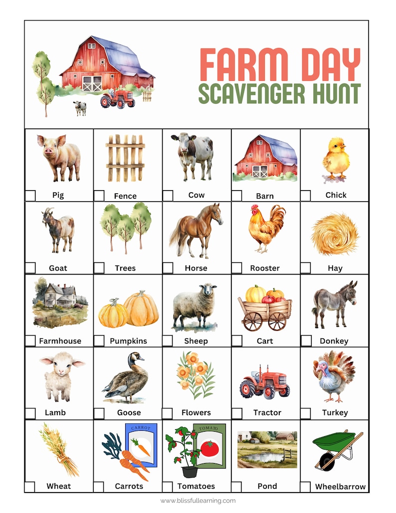 Farm Day Scavenger Hunt for Kids Printable, Farm Visit Game for ...