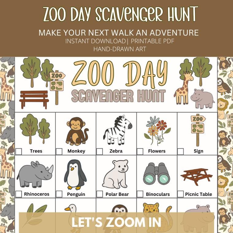 Zoo Day Scavenger Hunt for Kids Printable, Family Fun Game for a Day at ...