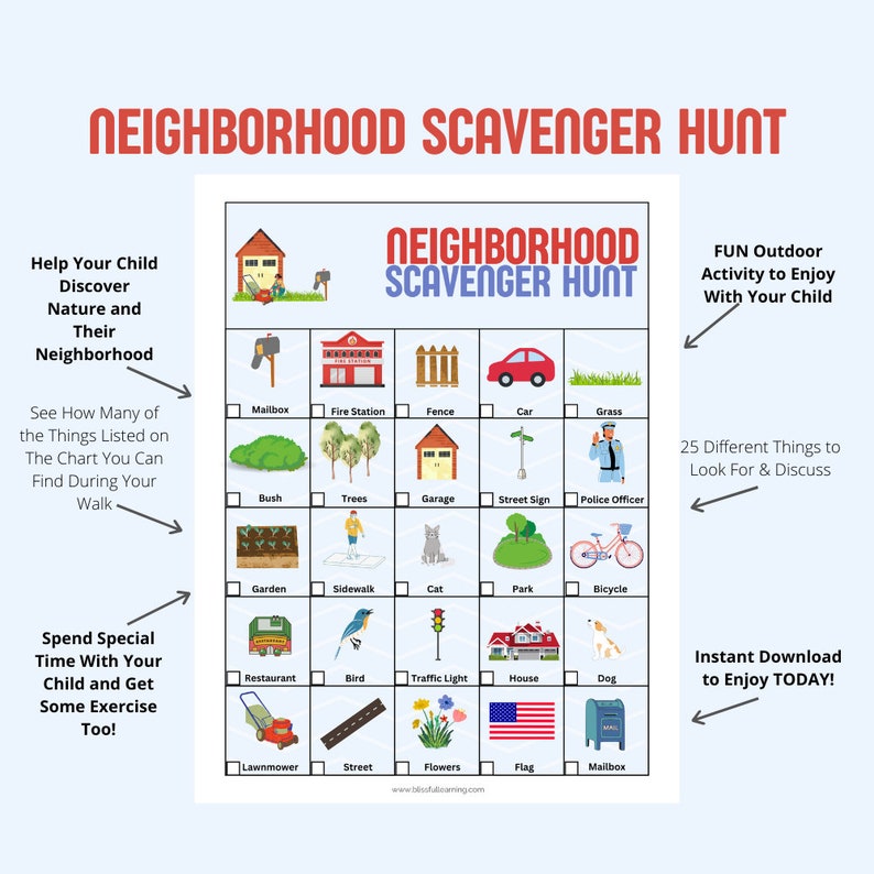 Neighborhood Scavenger Hunt for Kids, Family Outdoor Walking Game ...
