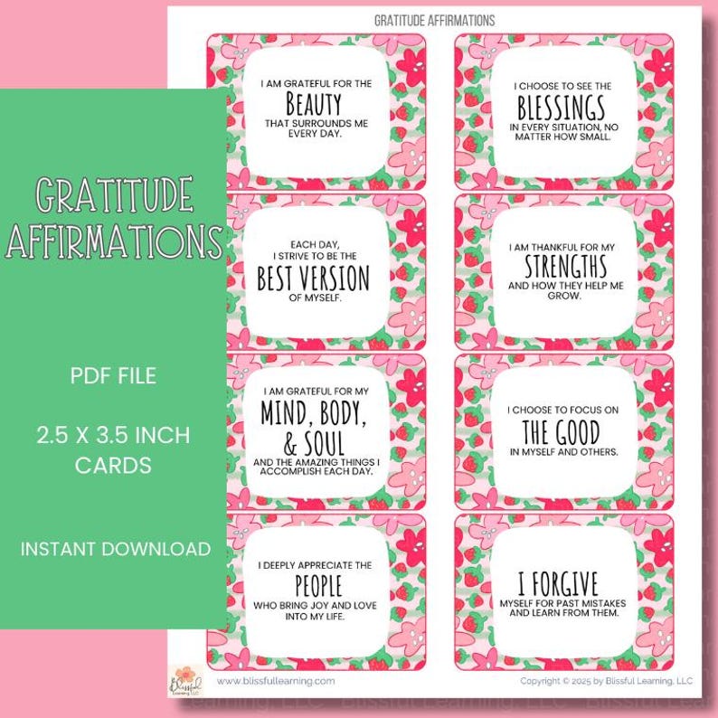 Gratitude Affirmation Cards: Daily Mindfulness Gift Set Printable (PDF ...